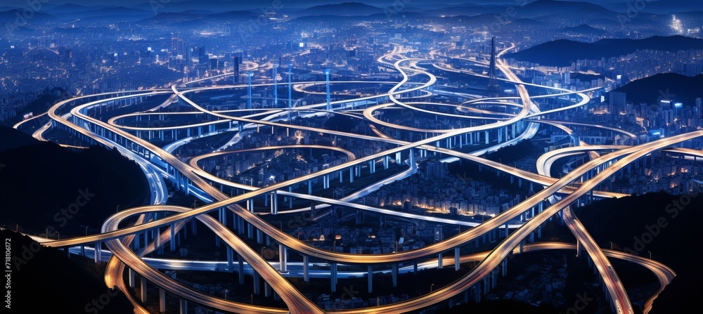Night traffic on urban expressway intersection, aerial view of ...
