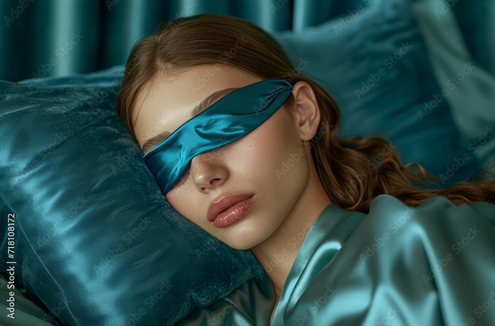A woman lays still, her human face hidden behind a blindfold, her blue ...
