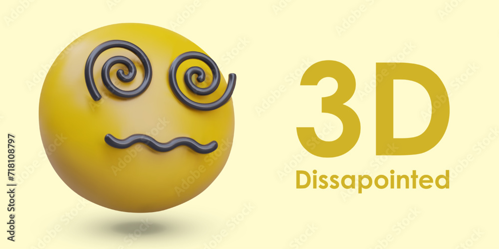 Disappointed yellow emoticon close up. 3D head with spirals instead of ...