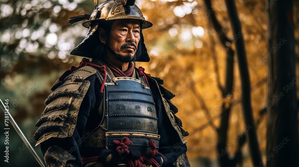 The man is dressed in full traditional Japanese samurai armor ...