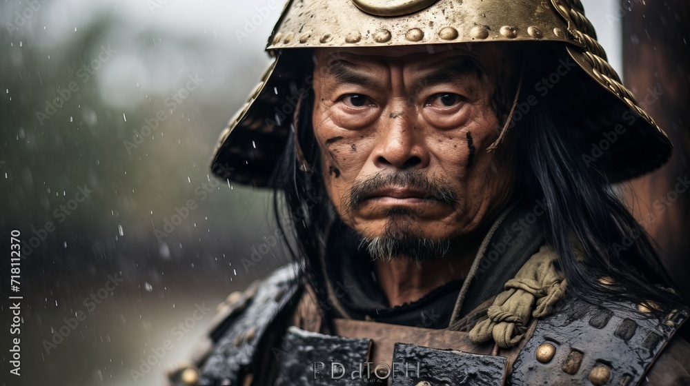 The man is dressed in full traditional Japanese samurai armor ...