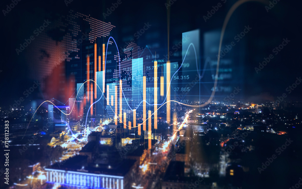 Big data chart on night city backdrop.Trade technology, and investment ...