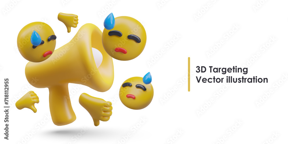Concept of online targeting concept. Big yellow megaphone, flying ...