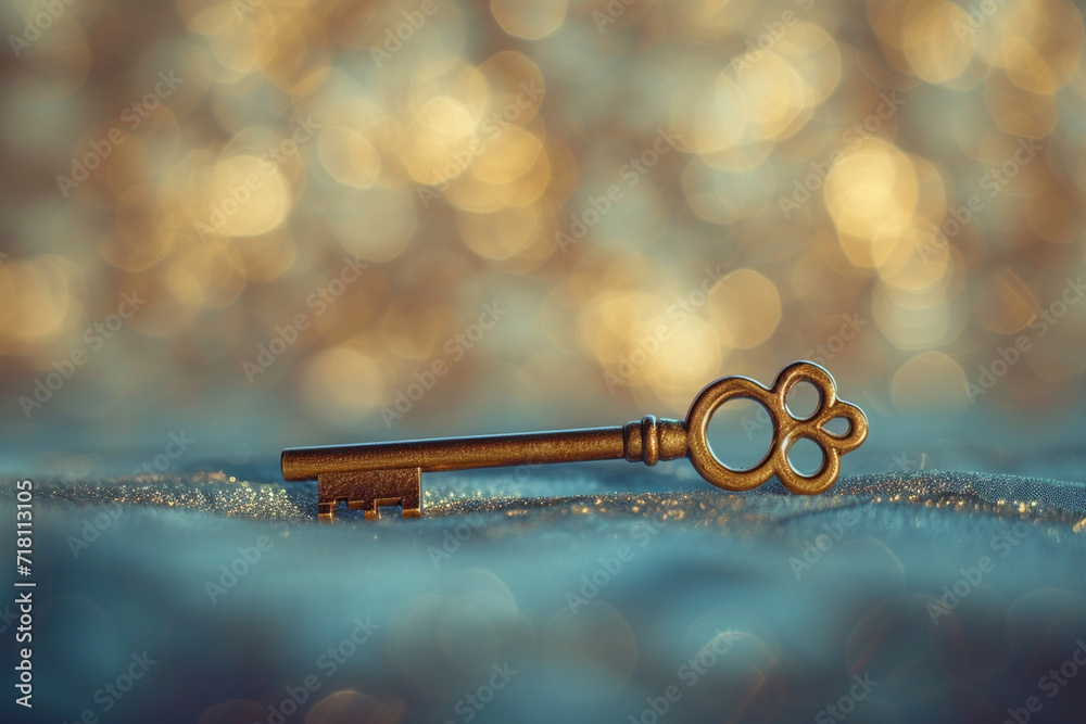 key on a plush surface with a fancy modern blurry background, evoking a ...