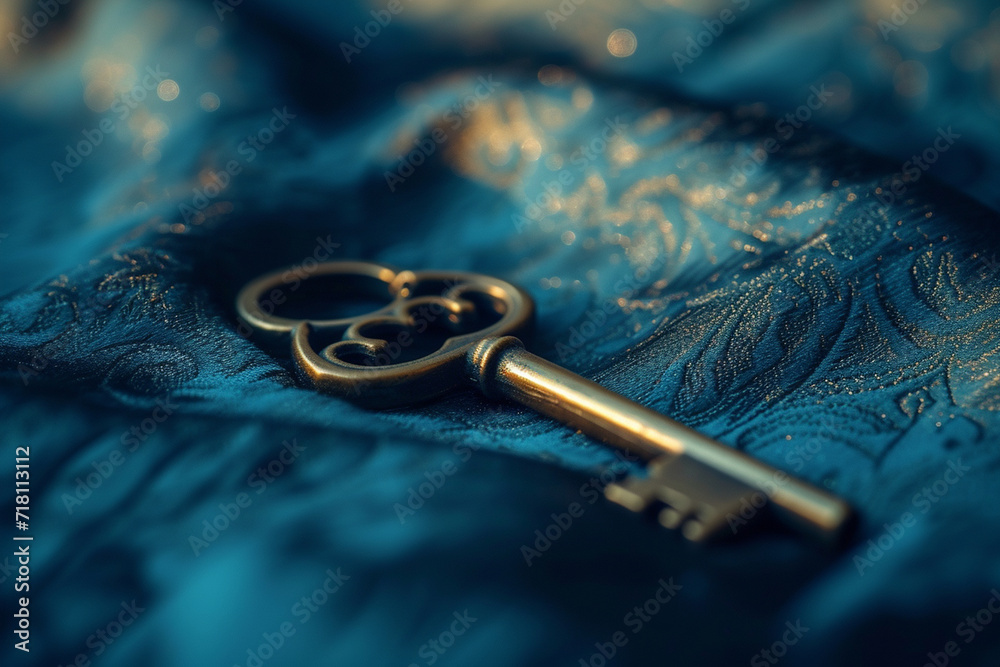 key on a plush surface with a fancy modern blurry background, evoking a ...