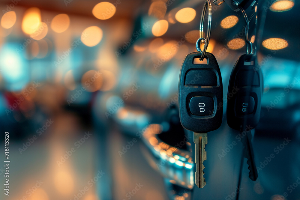 gleam of high-end car keys against a fancy modern blurry background ...