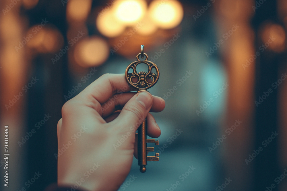 hand holding an exquisite key, the focal point against a fancy modern ...