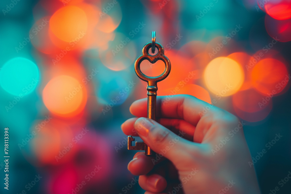 hand holding an exquisite key, the focal point against a fancy modern ...