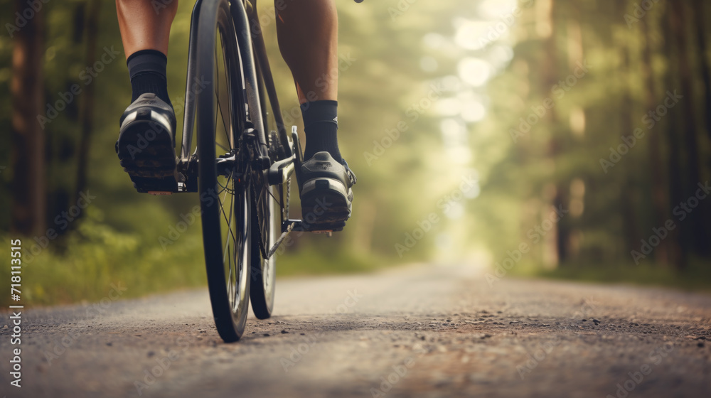 In a detailed close-up, the muscular legs of male cyclist,equipped with ...