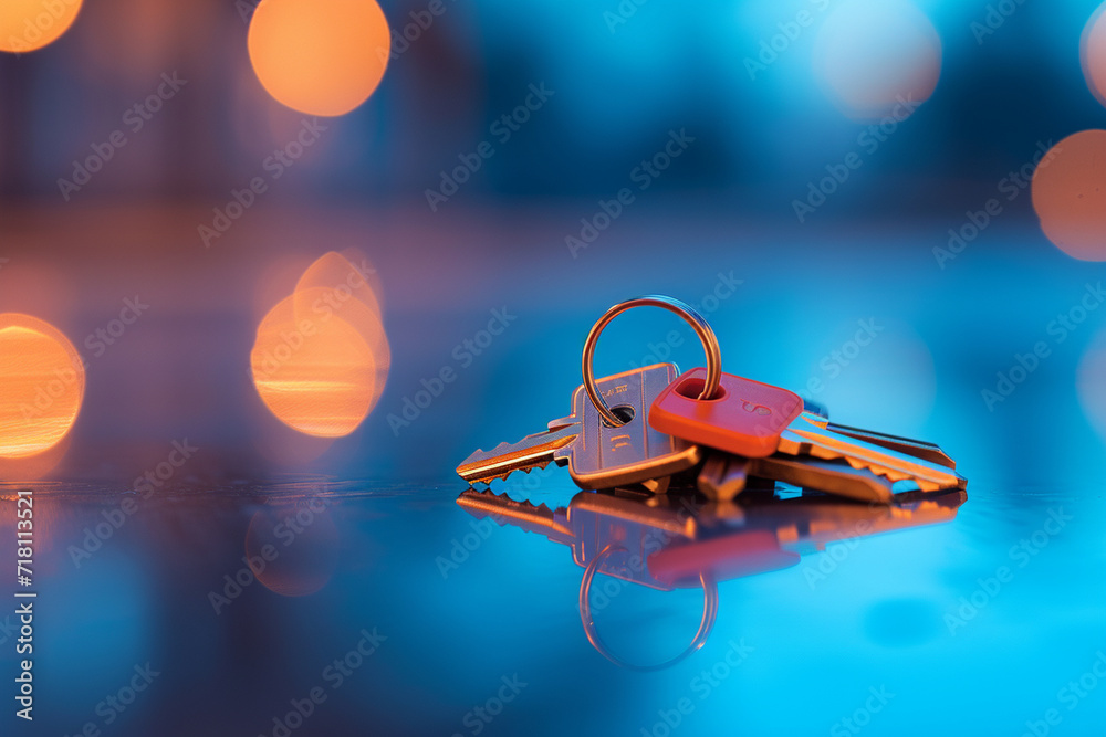 reflection of a set of keys on a polished surface with a fancy modern ...
