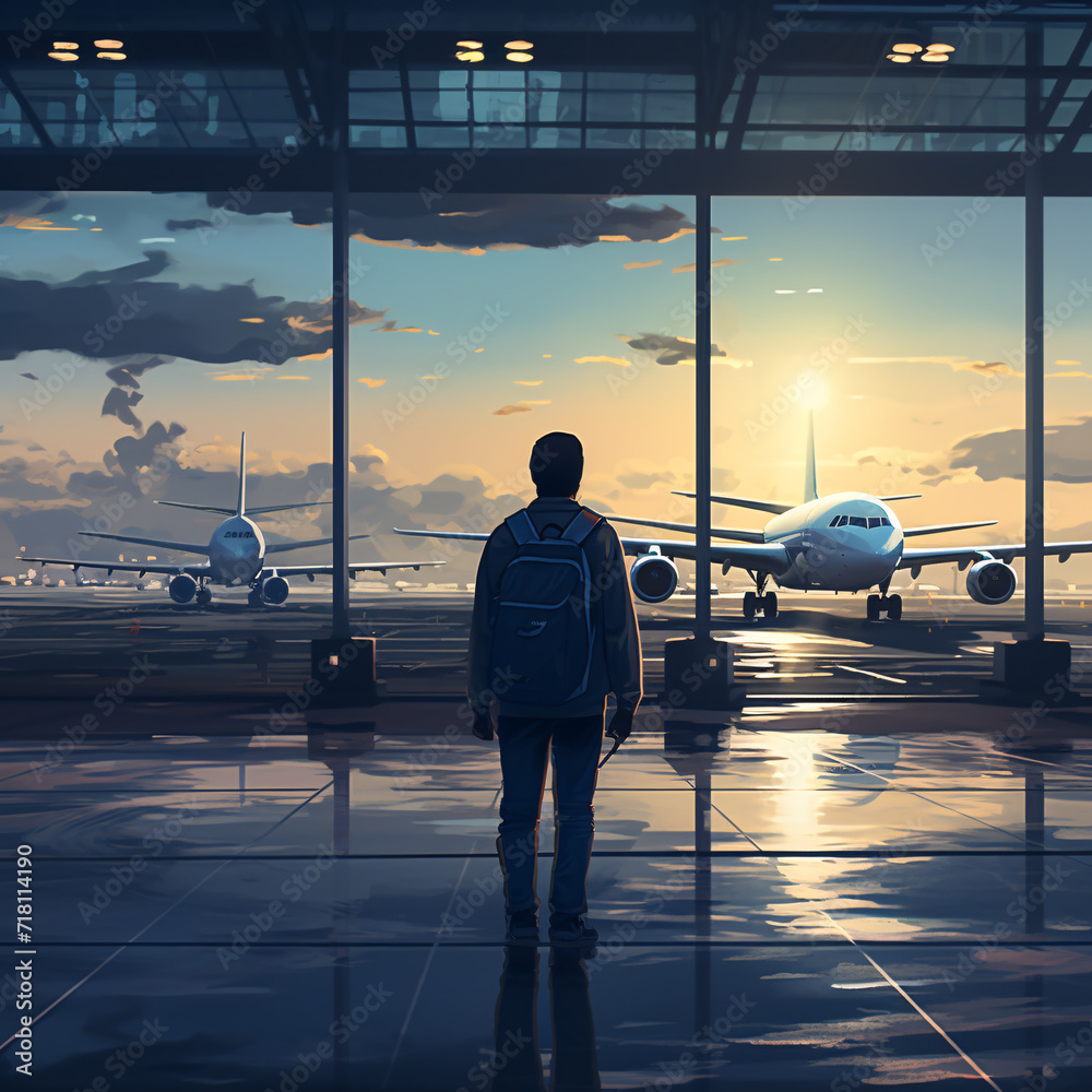 Standing in a rear view, the observer gazes at airplanes on the airport ...