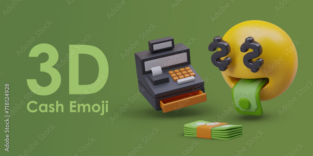 3D cash emoji. Vector emoticon looking shocked at stack of green bills ...