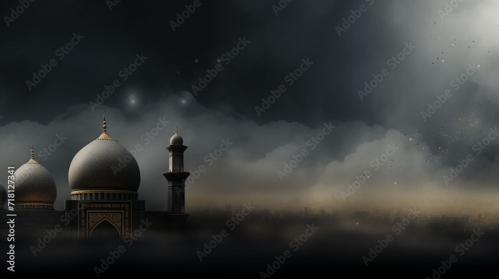 Dark mosque silhouette on colorful red and violet sunset sky and clouds ...