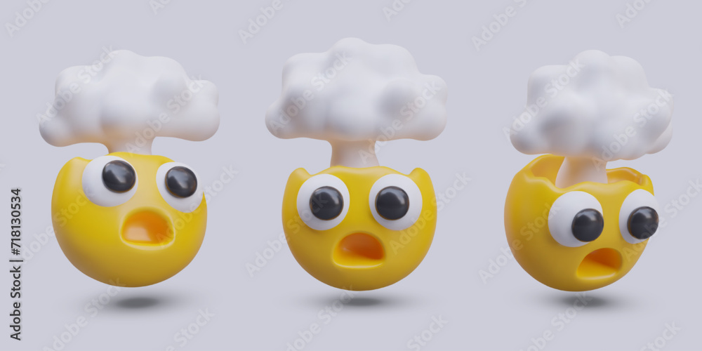 Brain explosion. Confused emoticon has boiling head. Shocked character ...