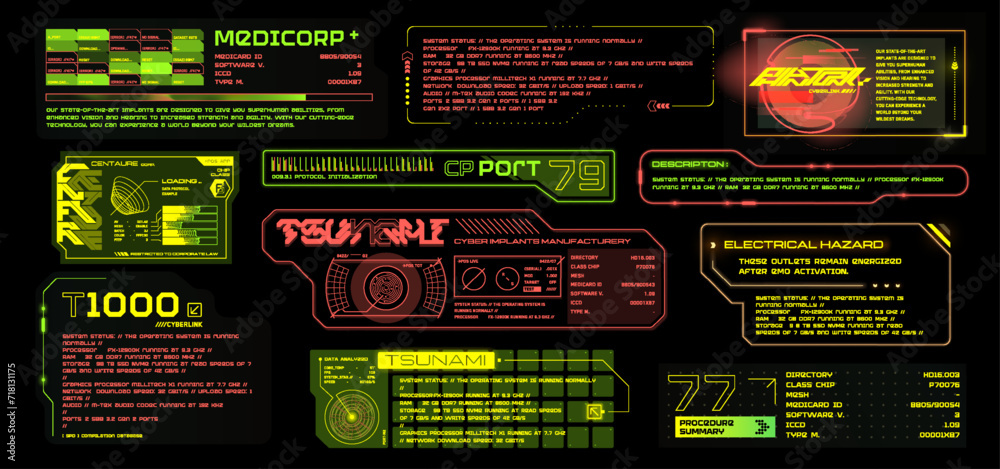 Virtual reality Cyberpunk HUD interface. Sci-fi digital interface elements HUD for Game, UI, UX ...