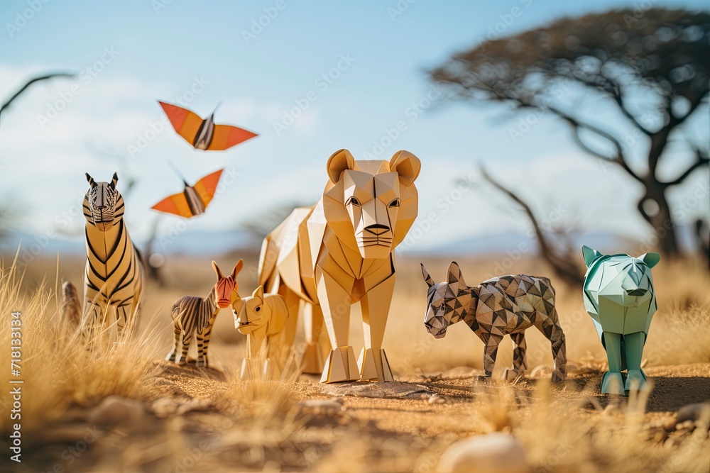 Vibrant Origami paper art installation featuring crafted animals in a ...