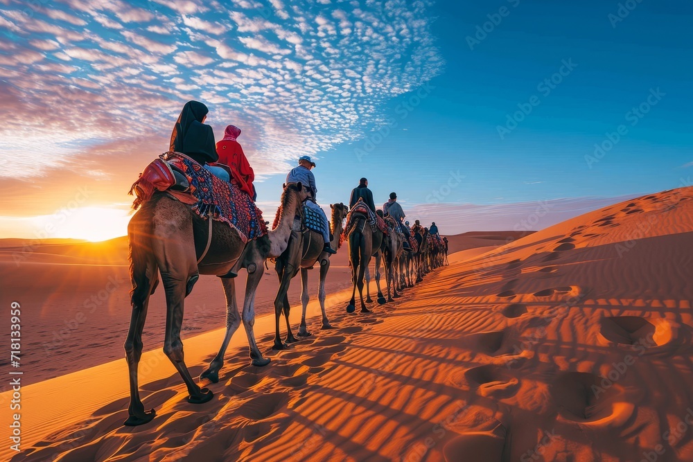 Under the vibrant desert sky, a group of adventurous people races on ...