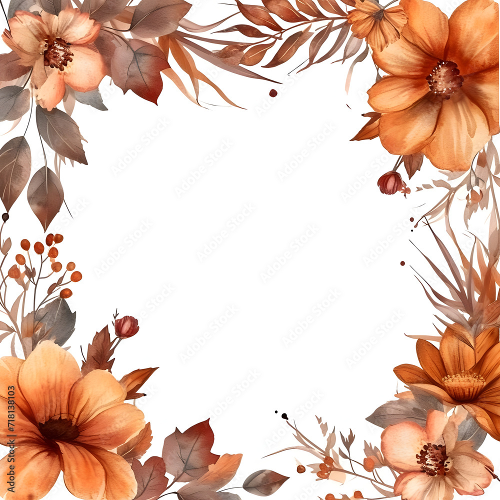 Hand-painted watercolor autumn floral frame with rusty flowers in ...