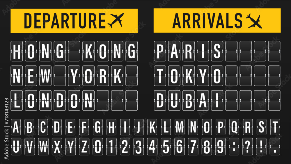 Airport flip board panel with flight info and alphabet. Equipment board ...