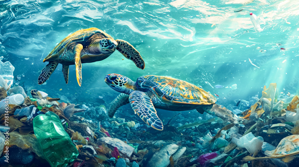 Sea turtles swimming underwater in a bay where the bottom is covered ...