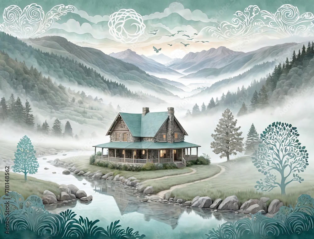 Ethereal Misty Valley - Impressionist digital render painting of a ...