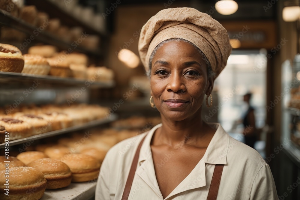 Portrait of senior african woman baker in an apron nad beret in a ...