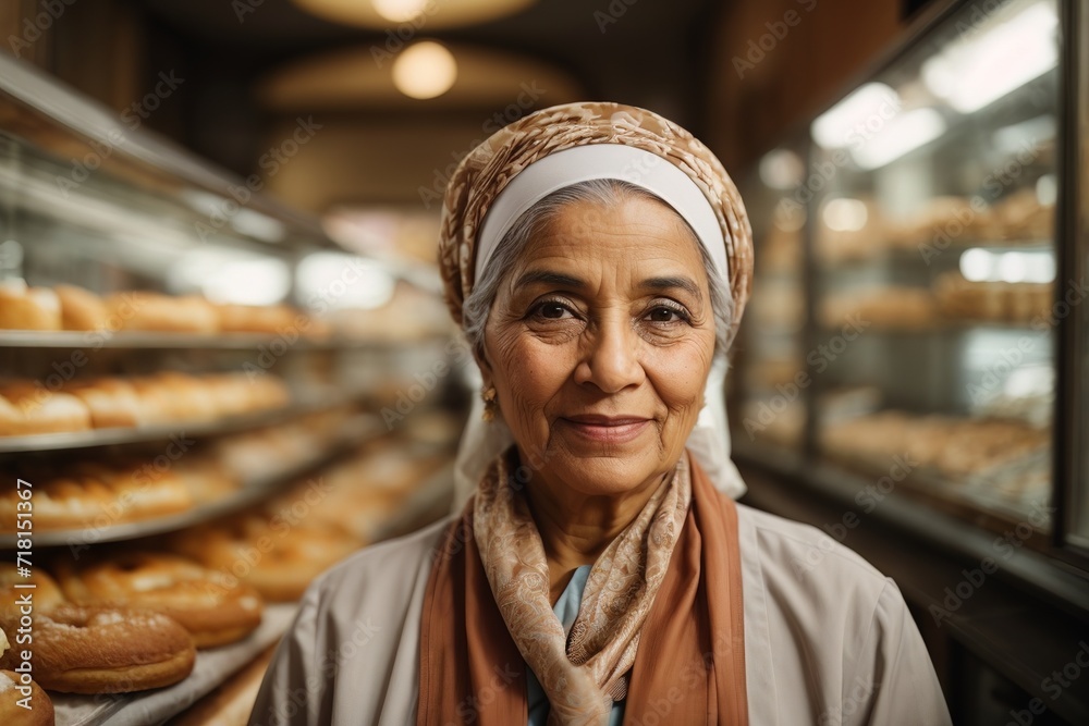 Portrait of senior islamic woman baker in an apron nad beret in a ...