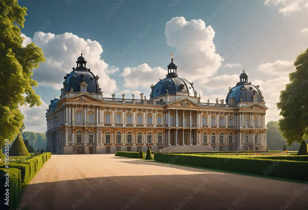 View of a luxurious aristocratic historical palace with a park ...