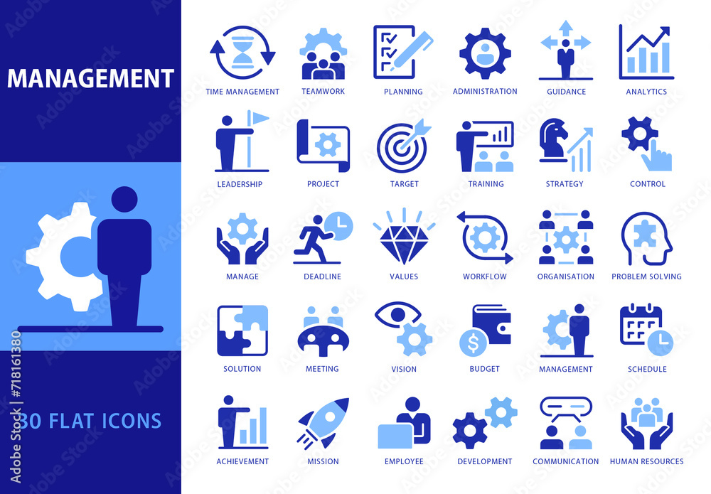 Management 30 Blue Dual Icons Set Stock Template | Adobe Stock