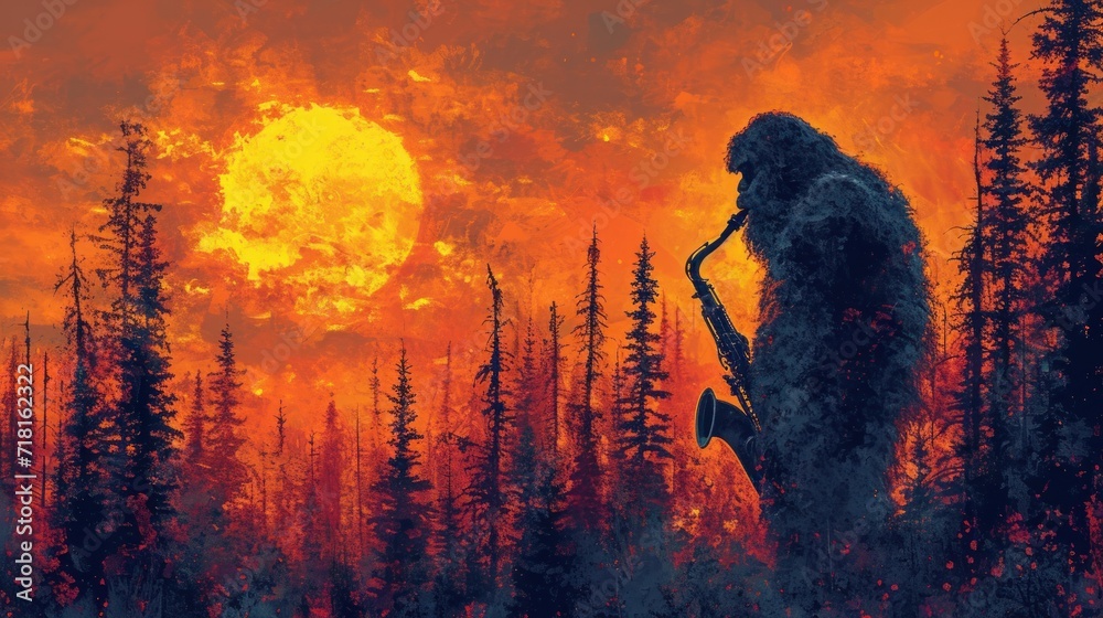 a painting of a bigfoot standing in a forest with a gun in his hand and ...