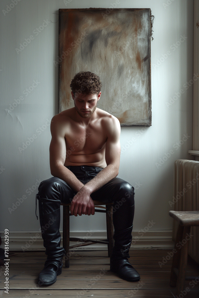 Shirtless man with leather pants sitting on a chair against a wall, defeated - Generative AI ...