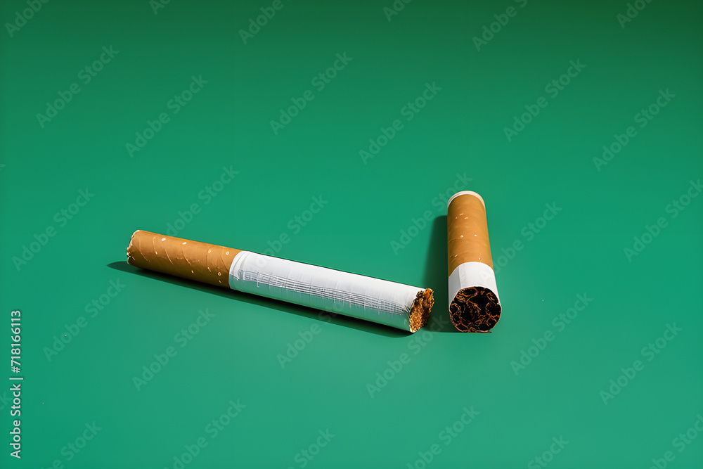 Broken one cigarette on a green background. harm of nicotine to health ...
