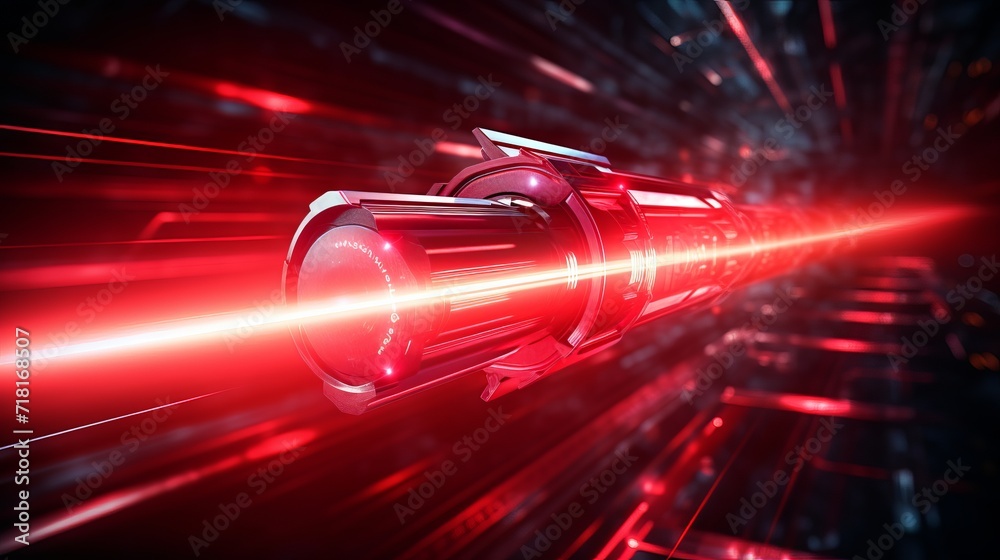 A 3d rendering of red neon laser beams from a sci-fi future with ...