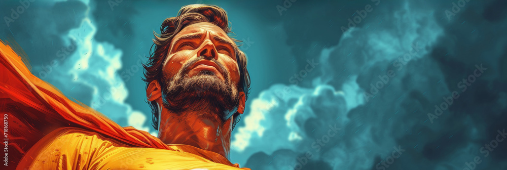 A divine hero in pop art, embodying strength and mystery with a touch ...