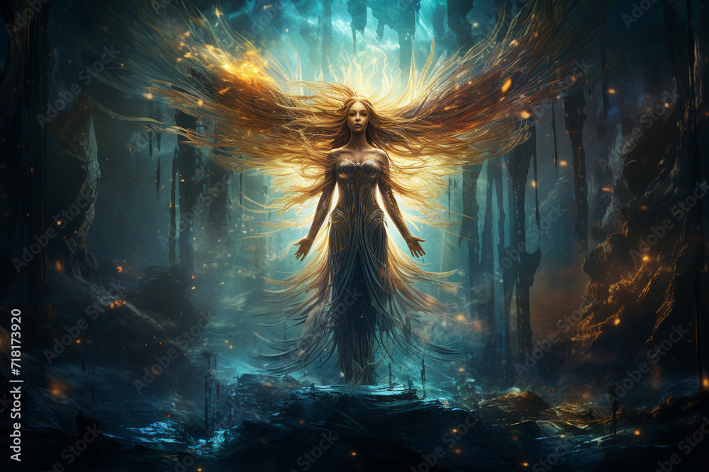 Within a celestial sanctuary, an angelic figure with wings of divine ...