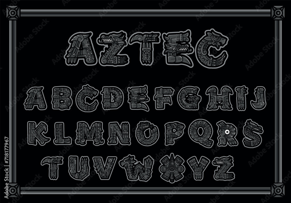 Alphabet in Aztec, Mayan or Inca style. With symbols of Native ...