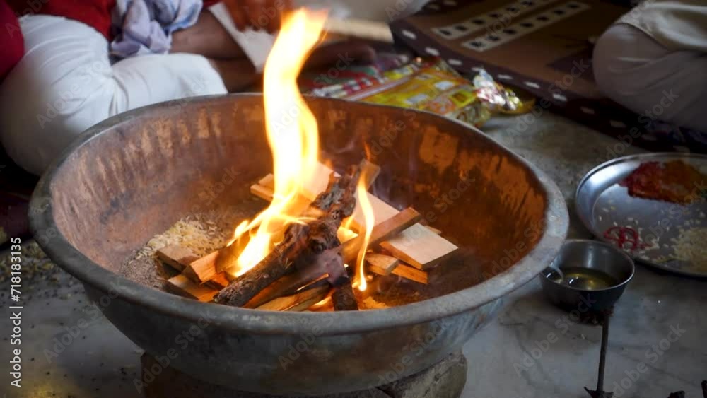 Cinematic footage of Havan or Yagya , a Hindu ritual of offering ...