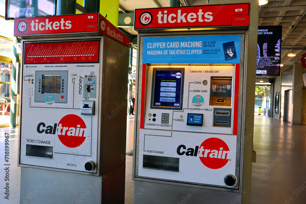 San Francisco, California – October 23, 2023: Caltrain Tickets Machines ...