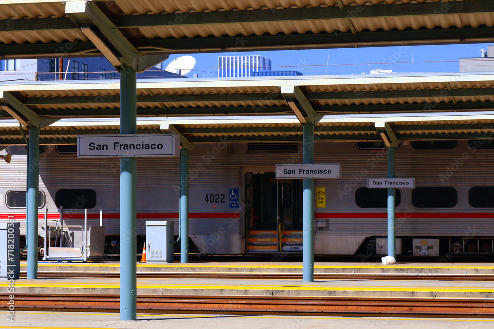 San Francisco, California – October 23, 2023: Caltrain train at the San Francisco Caltrain ...