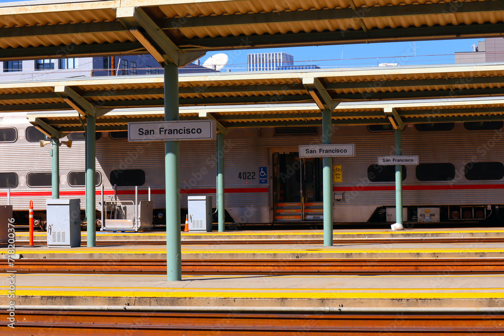 San Francisco, California – October 23, 2023: Caltrain train at the San Francisco Caltrain ...