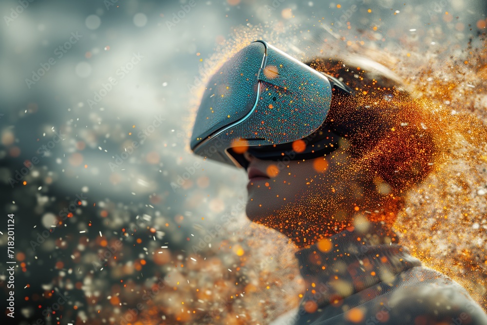 Individual lost in a VR explosion of sparks, a fusion of human and ...