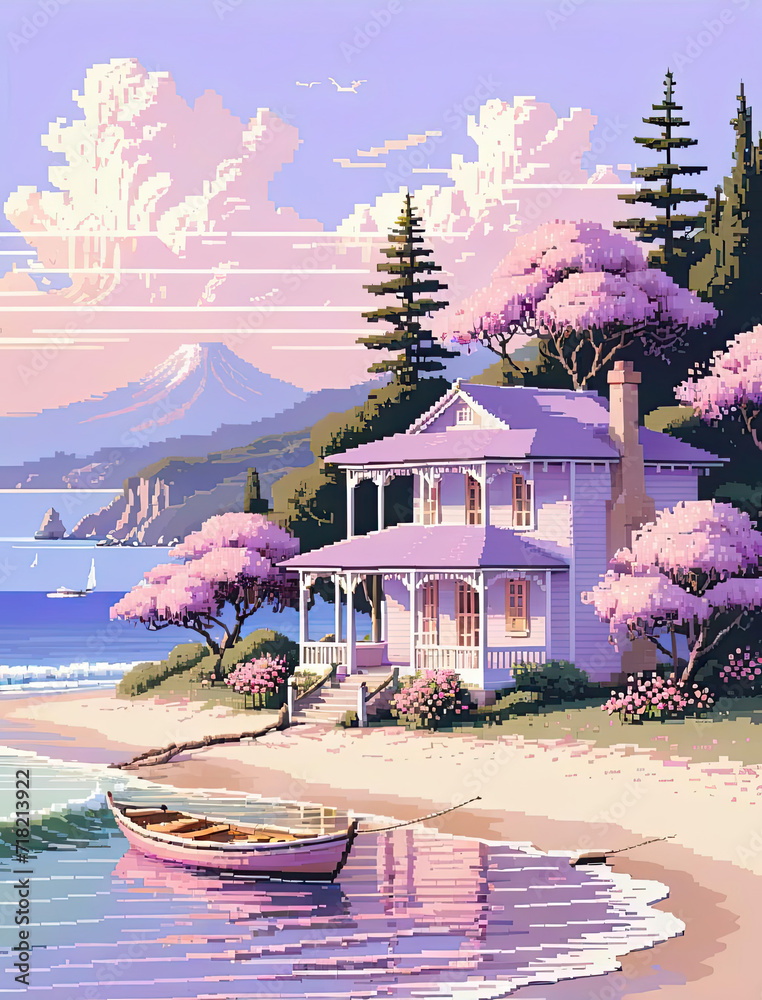 Impressionist Pixel Art of a Serene Beachfront Bungalow with Gazebo ...