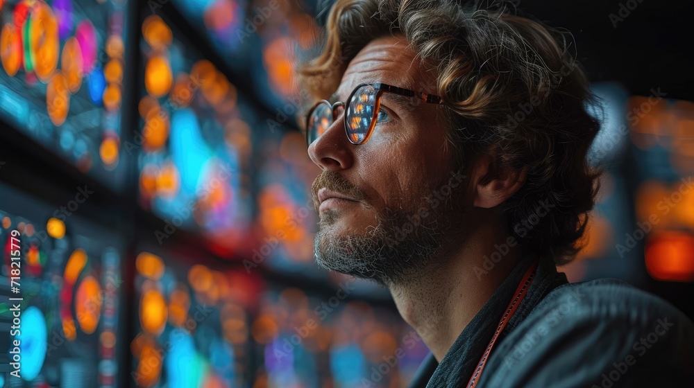 Focused Data Scientist Examining Intricate Data Visualizations on ...