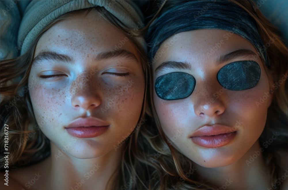 Two girls embrace the power of beauty, their eyes shut in concentration ...