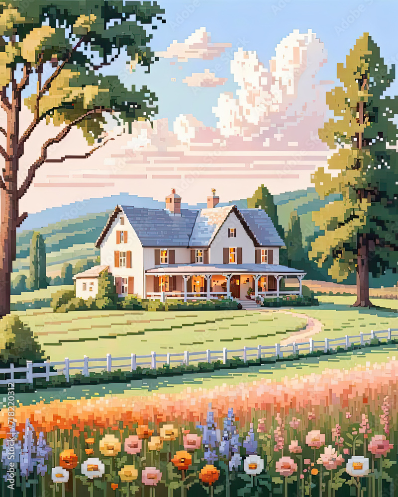 Impressionist Countryside Farmhouse - Pixel art painting of a charming ...