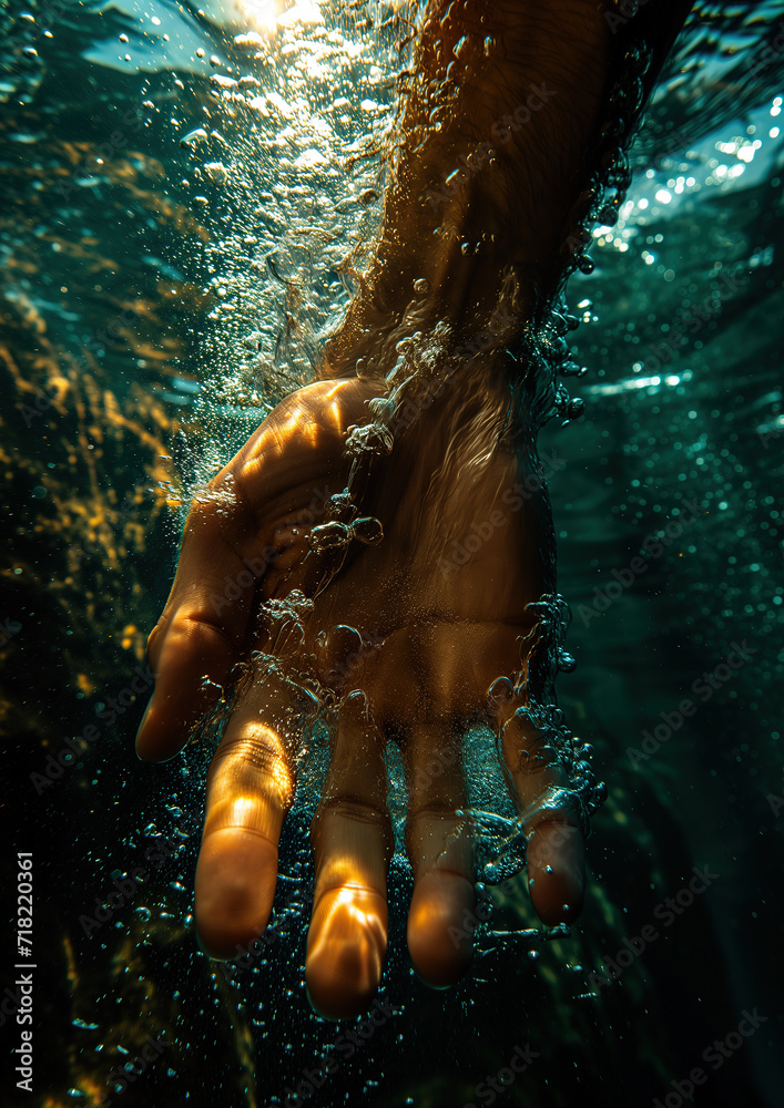 male hand underwater in dark see under splashes and bubbles with sun ...