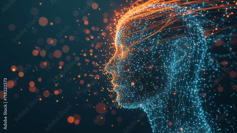 An AI-driven chat bot evolving, represented by a transforming wireframe ...