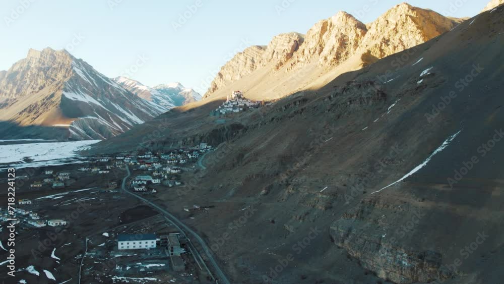 4K aerial shot of Himalaya mountains, Key monastery and village in ...
