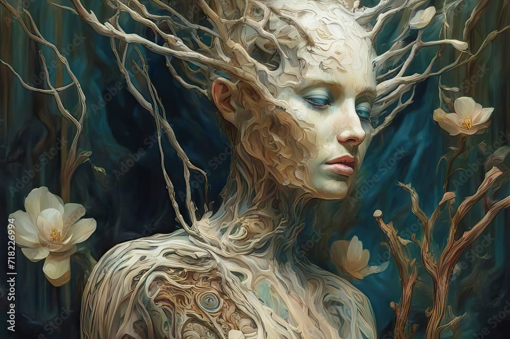 Mystical girl with hair in the shape of a tree crown. The inner world ...