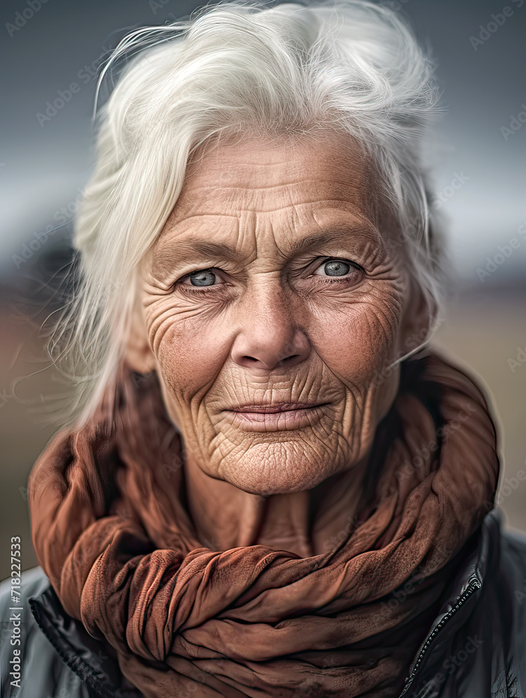 Alte Frau mit grauen Haaren und faltiger Haut, Portrait, Blick in die ...